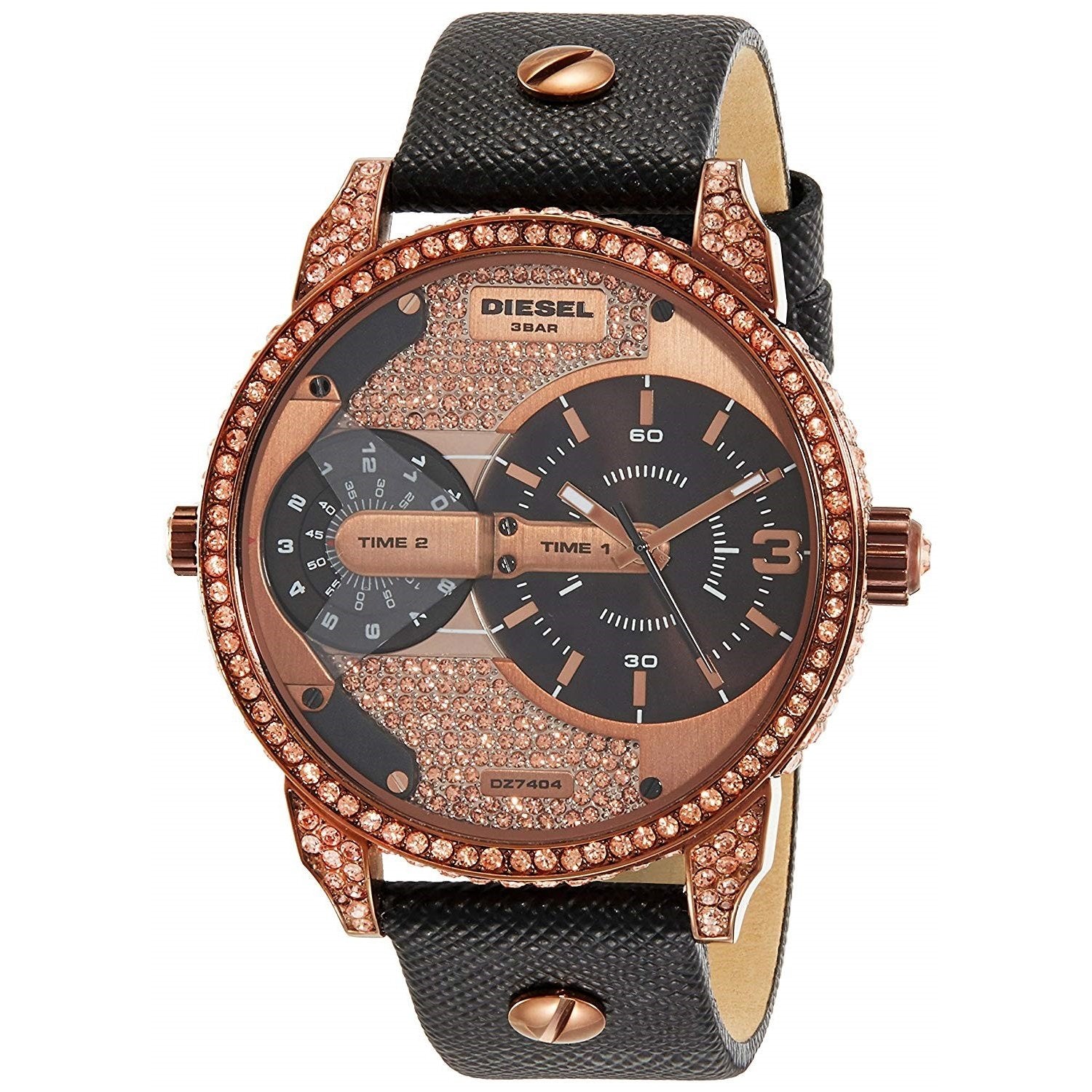 Diesel Women's DZ7404 Mini Daddy Dual Time Black Leather Watch - Bezali
