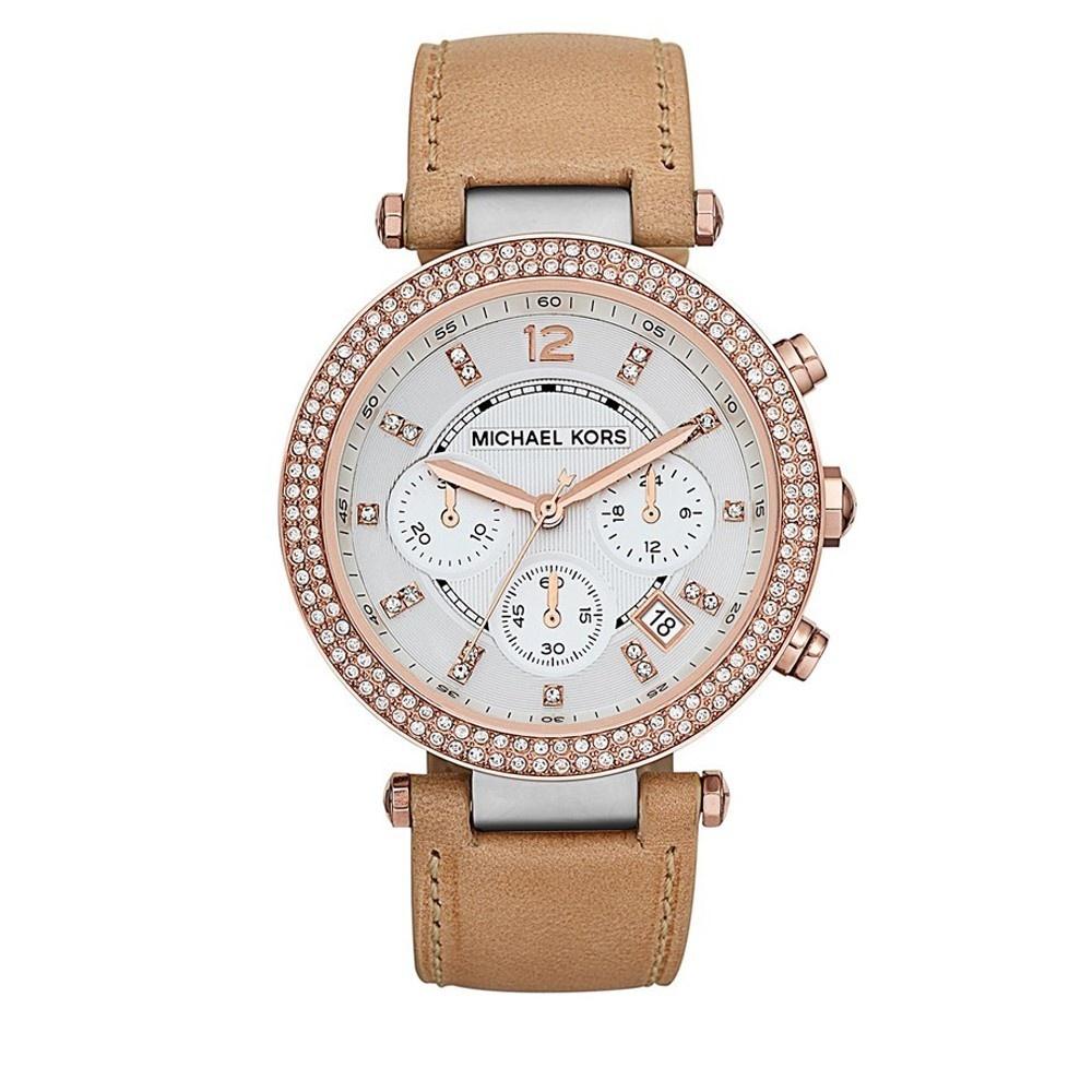 Michael Kors Women's MK5633 Parker Chronograph Crystal Tan Leather Wat ...